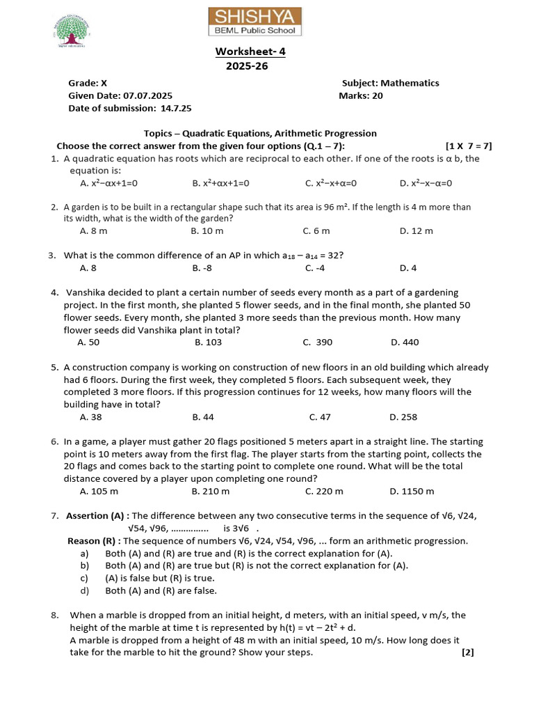 Grade X Math Worksheet: Quadratics & AP | PDF | Mathematics | Algebra