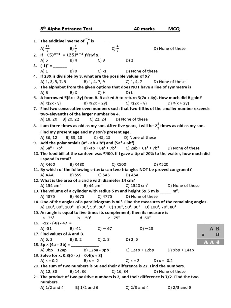 Year 8 Entrance Test Questions | PDF | Elementary Mathematics | Geometry