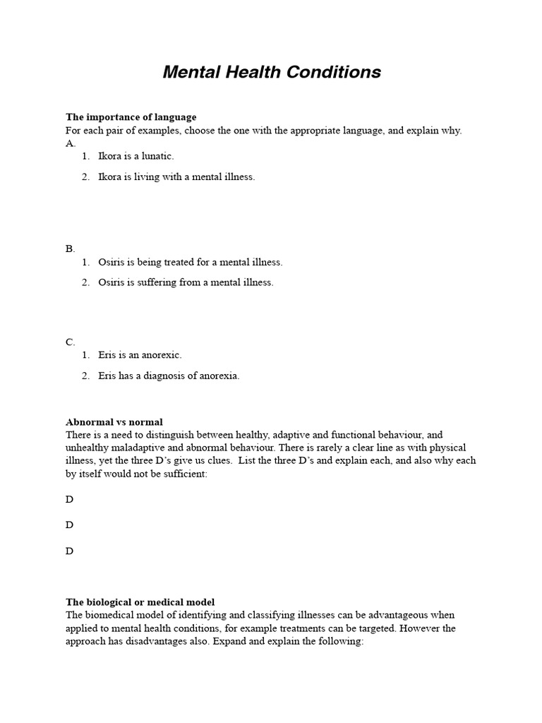 Student Notes For Mental Health Conditions Tutorial | PDF | Mental ...