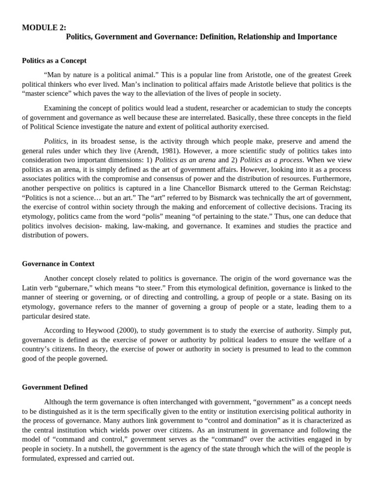 Politics, Government, and Governance Explained | PDF | Governance | Concept