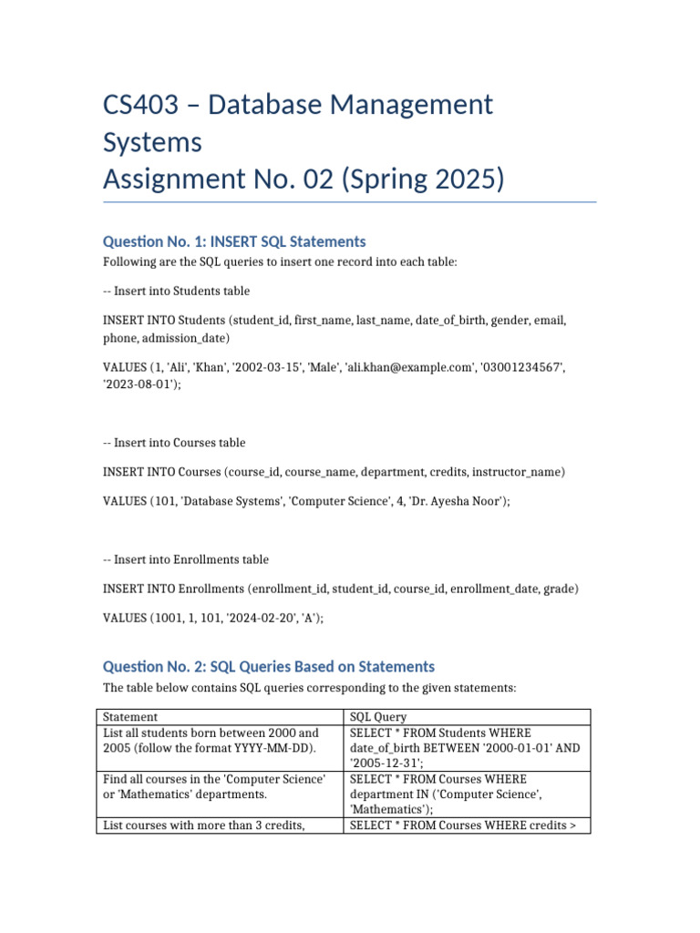 CS403 Assignment 2 Solution Table Format | PDF