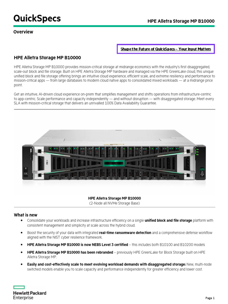 HPE+Alletra+Storage+MP+B10000+QuickSpecs A50006985enw | PDF | Solid State Drive | Cloud Computing