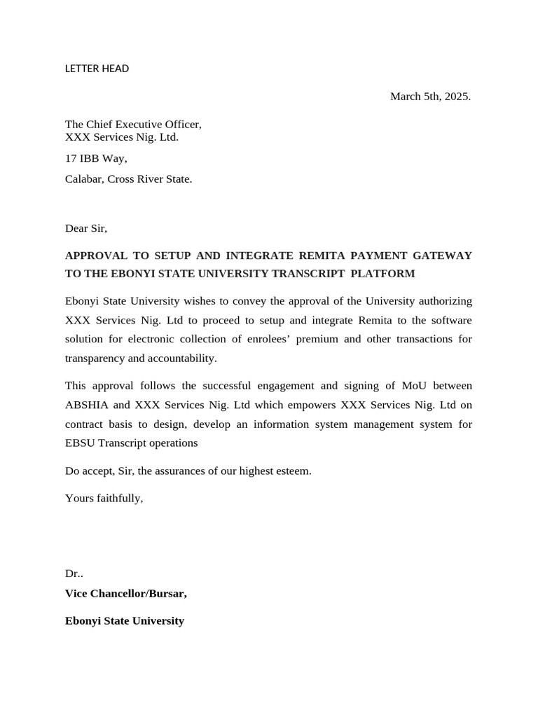 Authorization To Set Up Remita Platform For Ebsu Transcript | PDF