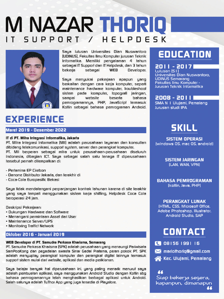 CV M Nazar Thoriq IT 1 Page | PDF