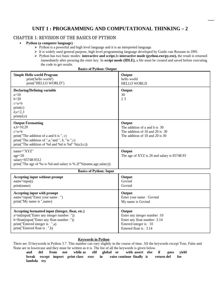 Unit 1st Revised Python 12 2024-2025 | PDF | Python (Programming Language) | Control Flow