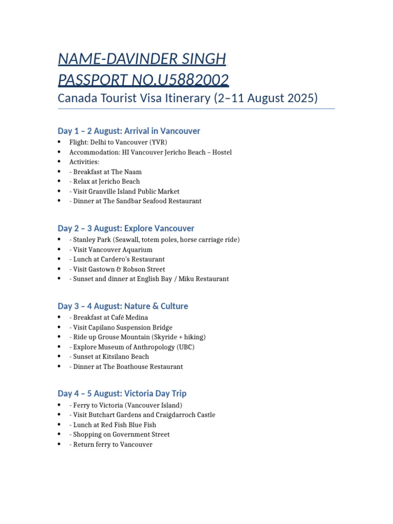 Canada Tourist Visa Itinerary 2025 | PDF