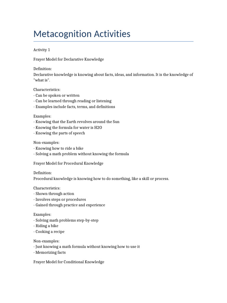 Metacognition Activities | PDF | Metacognition | Learning