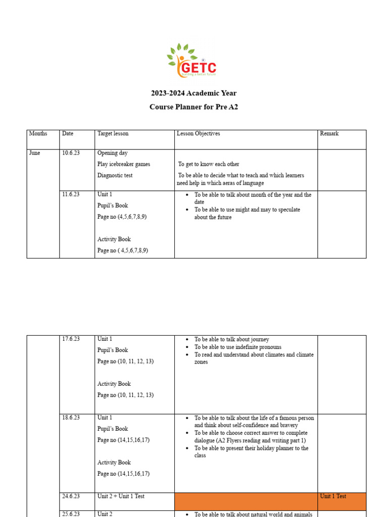 Pre A2 Course Planner 2023-2024 | PDF | Senses | Vocabulary