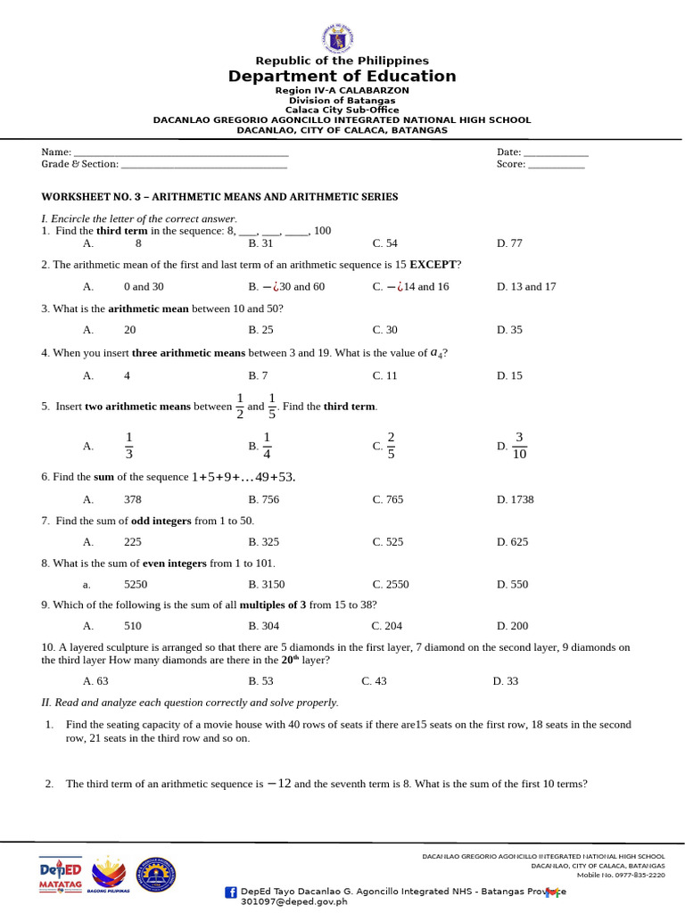 Q1 Day19 Worksheet3 Arithmetic Series Sum | PDF | Chess | Chess Theory