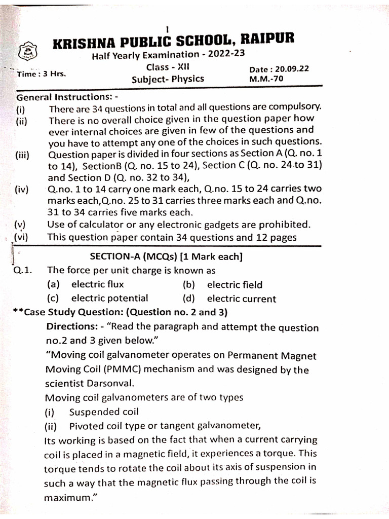 Half Yearly Physics XII 22-29 | PDF