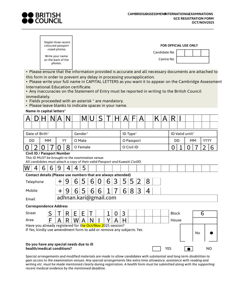 Cambridge-Gce Reg Form Nov 2025-Science Practical | PDF | Information ...