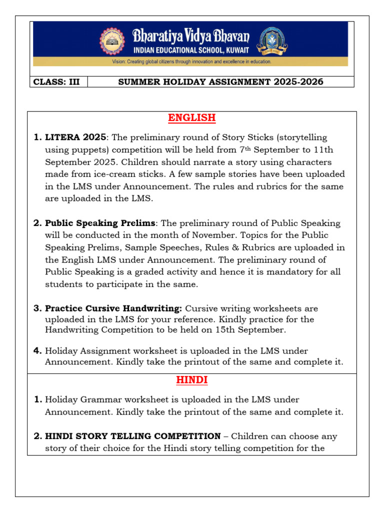 Grade 3 Holiday Assignment 2025-26 | PDF