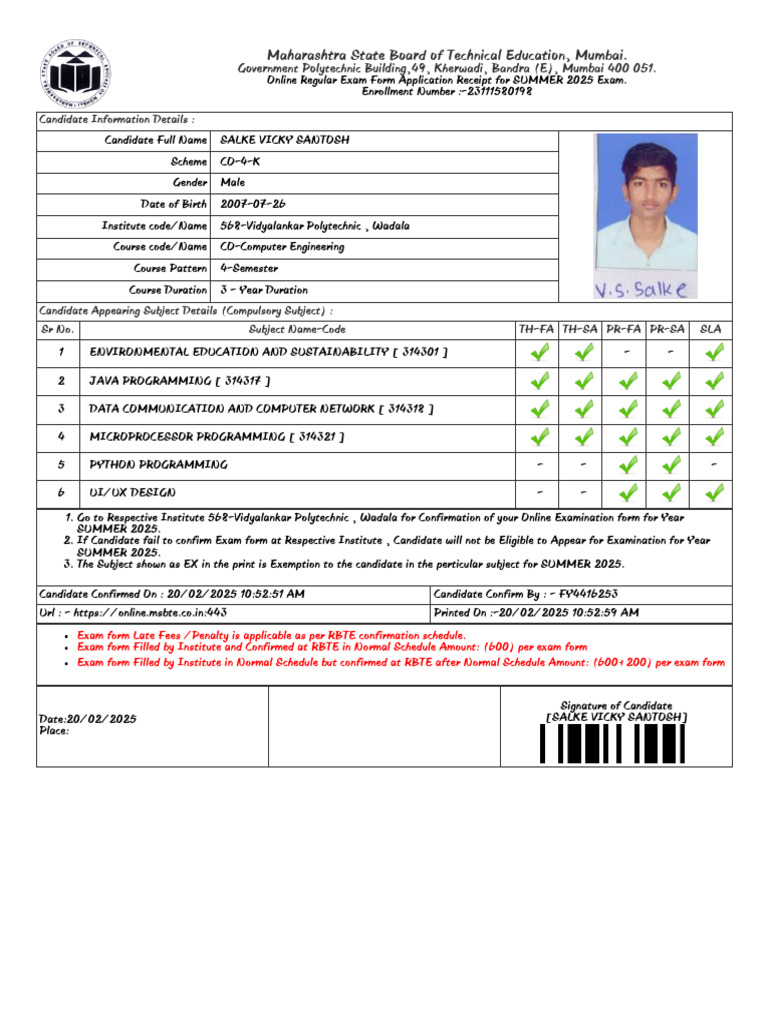 Exam Form Application of Candidate For | PDF