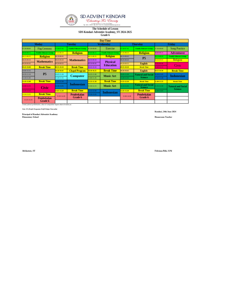 Grade 6 Lesson Schedule 2024-2025 | PDF