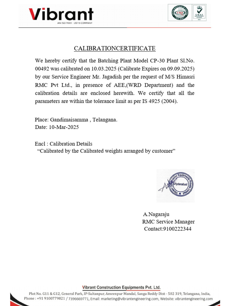 Batching Plant Calibration Certificate | PDF | Metrology | Quantity