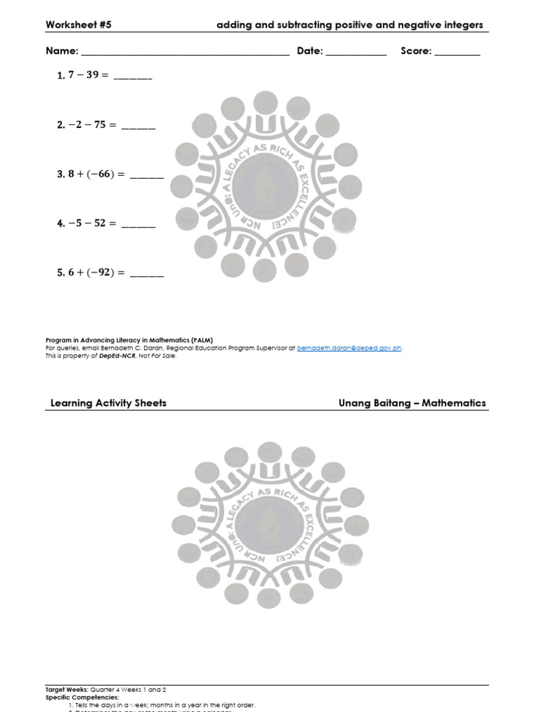 Grade 10 Math: Integers Worksheet | PDF