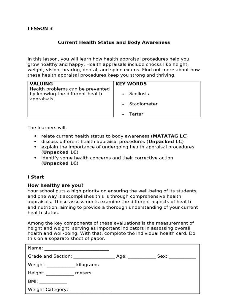 Health Status and Body Awareness Overview | PDF | Body Mass Index