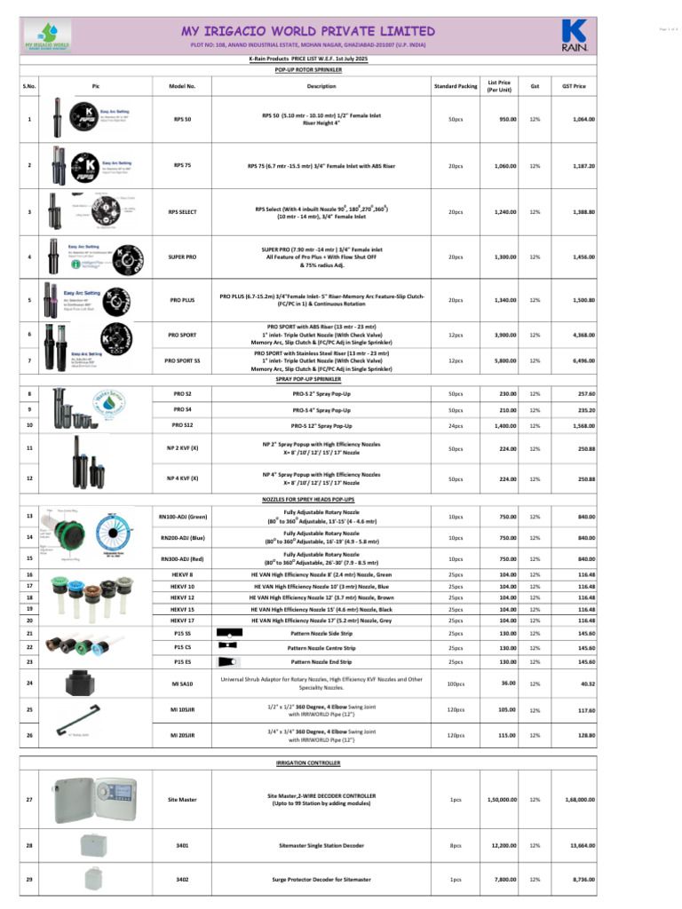 K-Rain Irrigation Price List 2025 | PDF | Valve | Irrigation