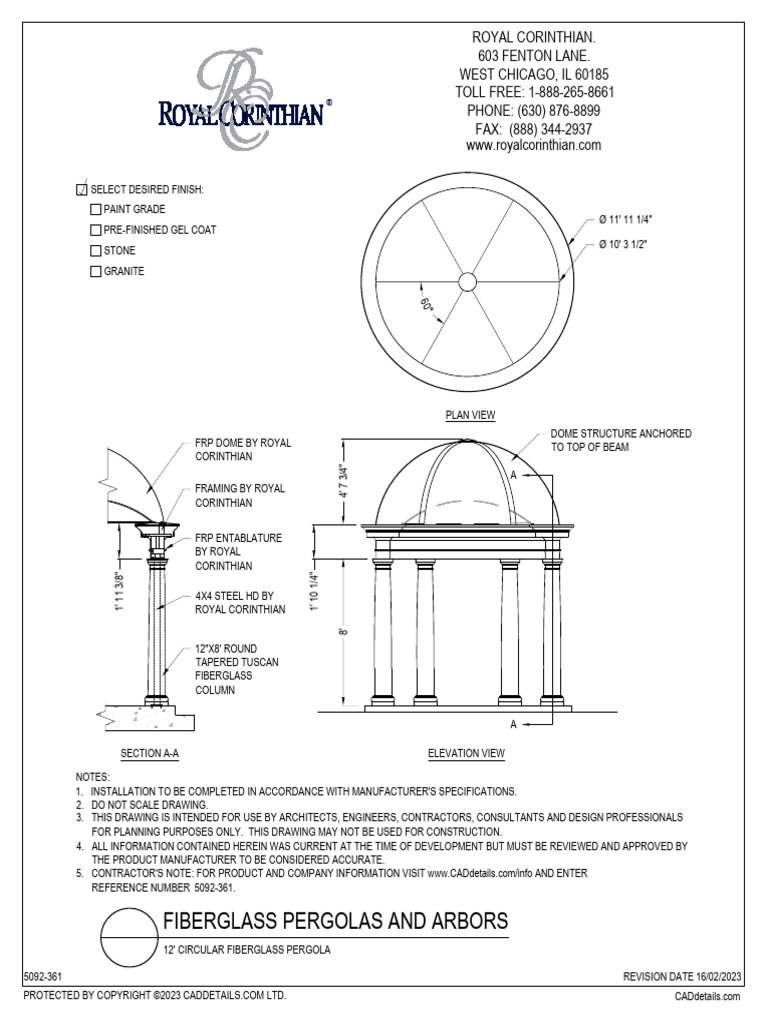 5092-361 - Royal Corinthian - 12' Circular Fiberglass Pergola - Rotunda ...