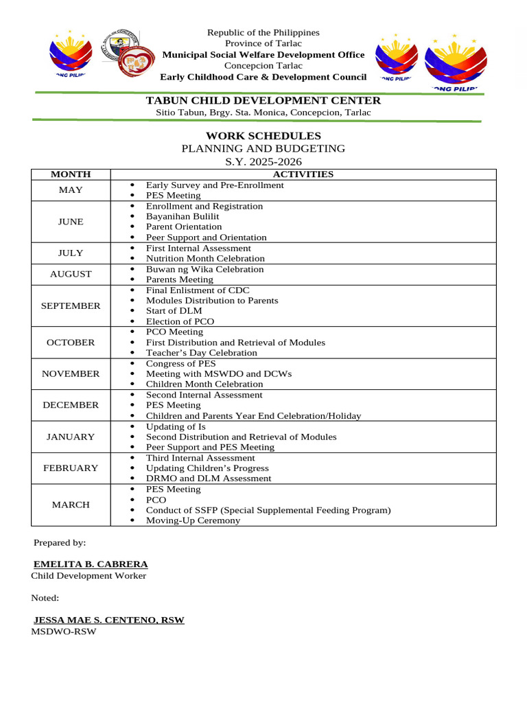 ECCD Activities Calendar 2025-2026 | PDF