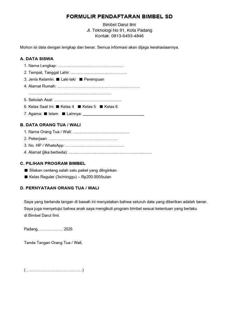 Layout Formulir Pendaftaran Bimbel Darul Ilmi | PDF