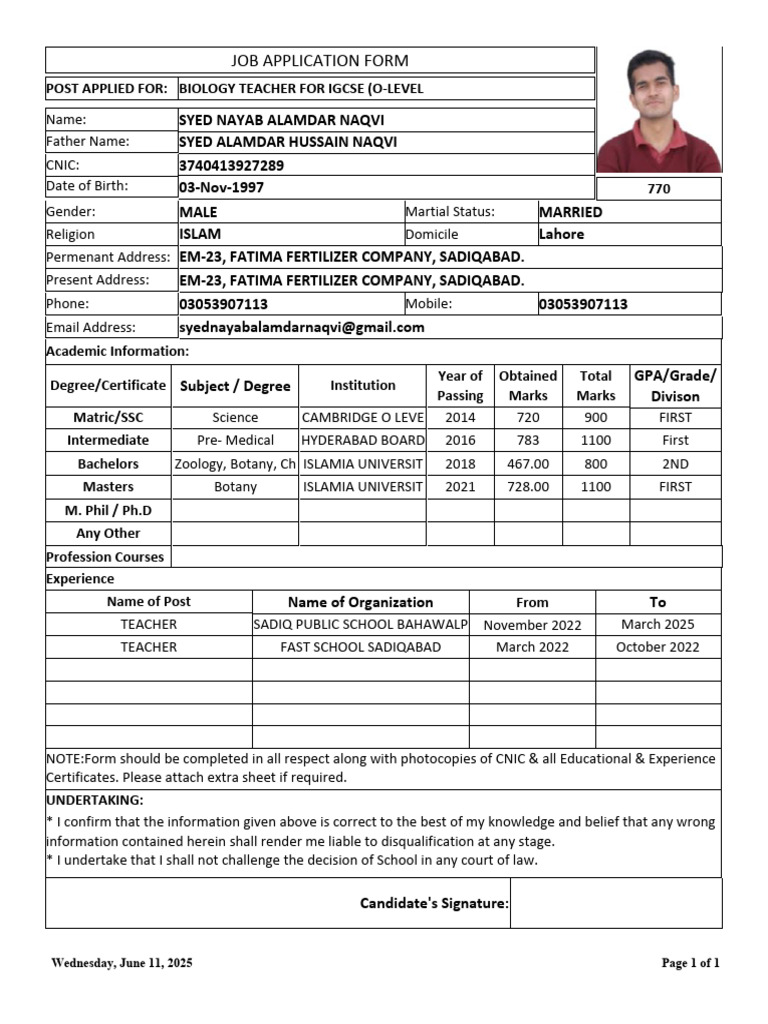 Job Application Form: Page 1 of 1 Wednesday, June 11, 2025 | PDF