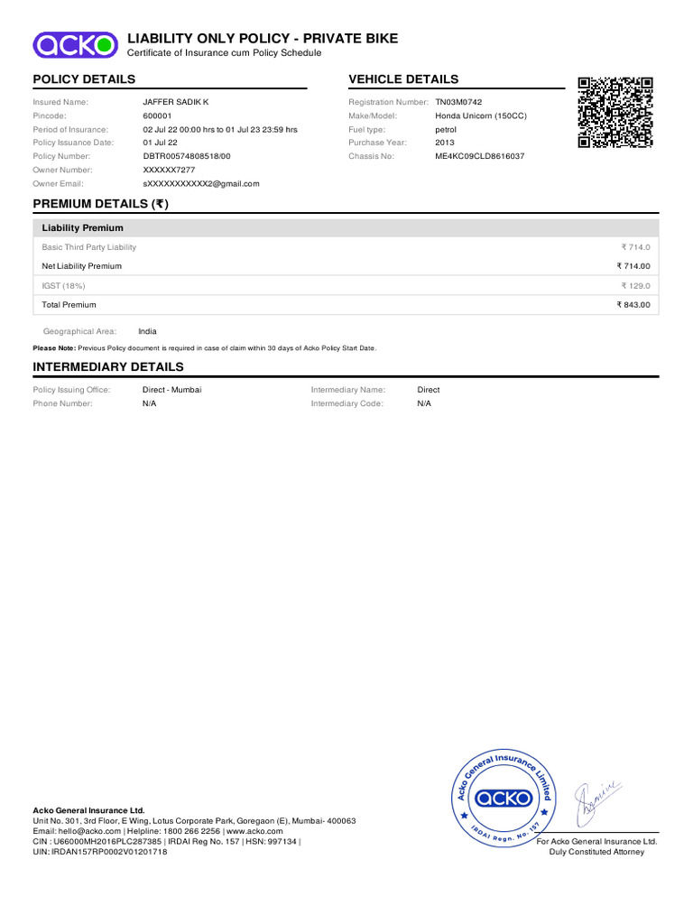 TN03M0742 - Acko Insurance Policy | PDF | Insurance | Indemnity