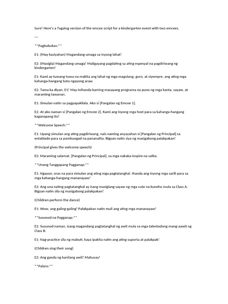 Kinder Moving Up 2 EMCEES Tagalog | PDF