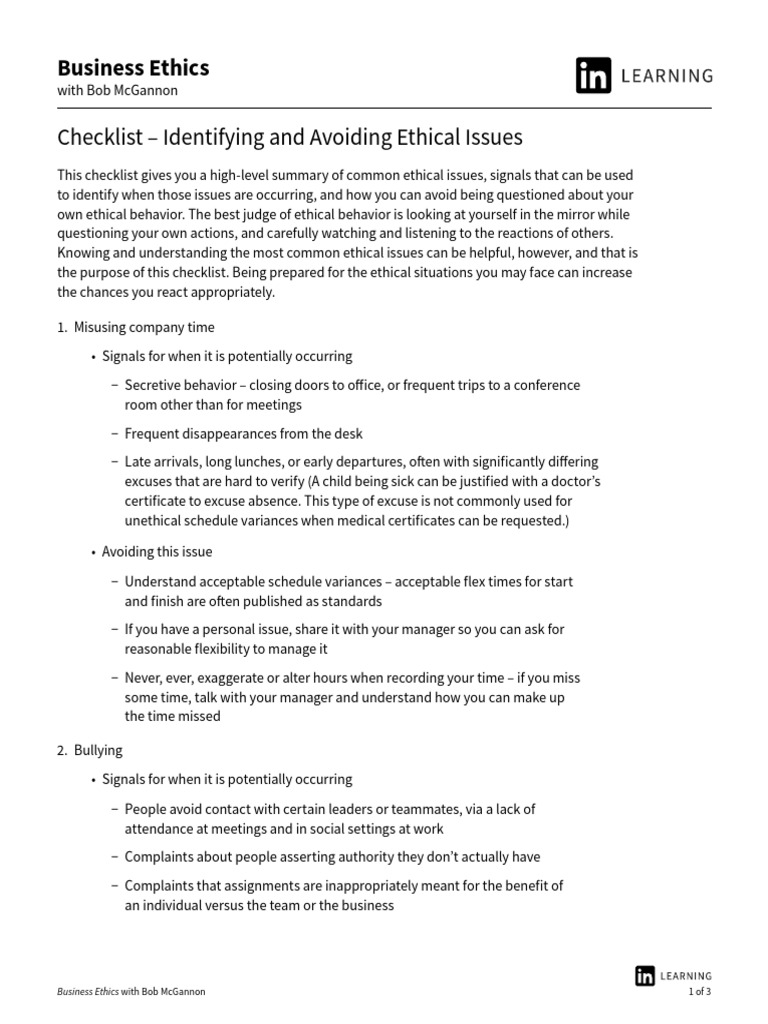 Ethical Issues Checklist for Managers | PDF | Social Psychology