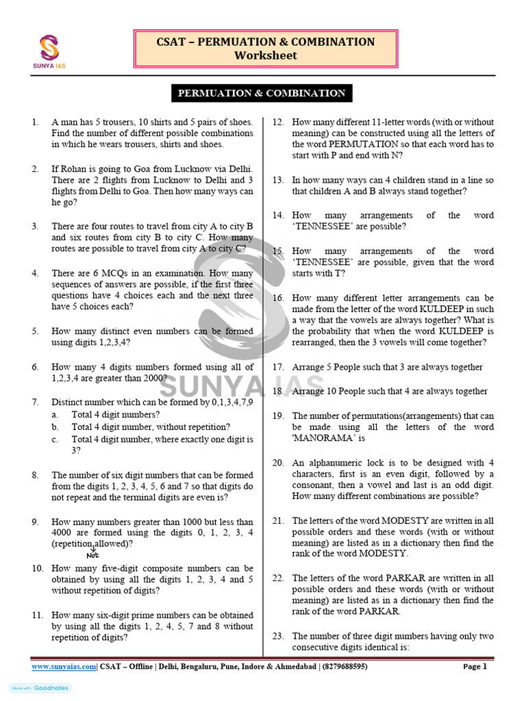 Permutation and Combination - Worksheet With Solutions | PDF ...