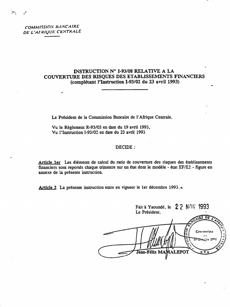 Instruction COBAC I-93-08 Couverture Des Risques Établissements ...
