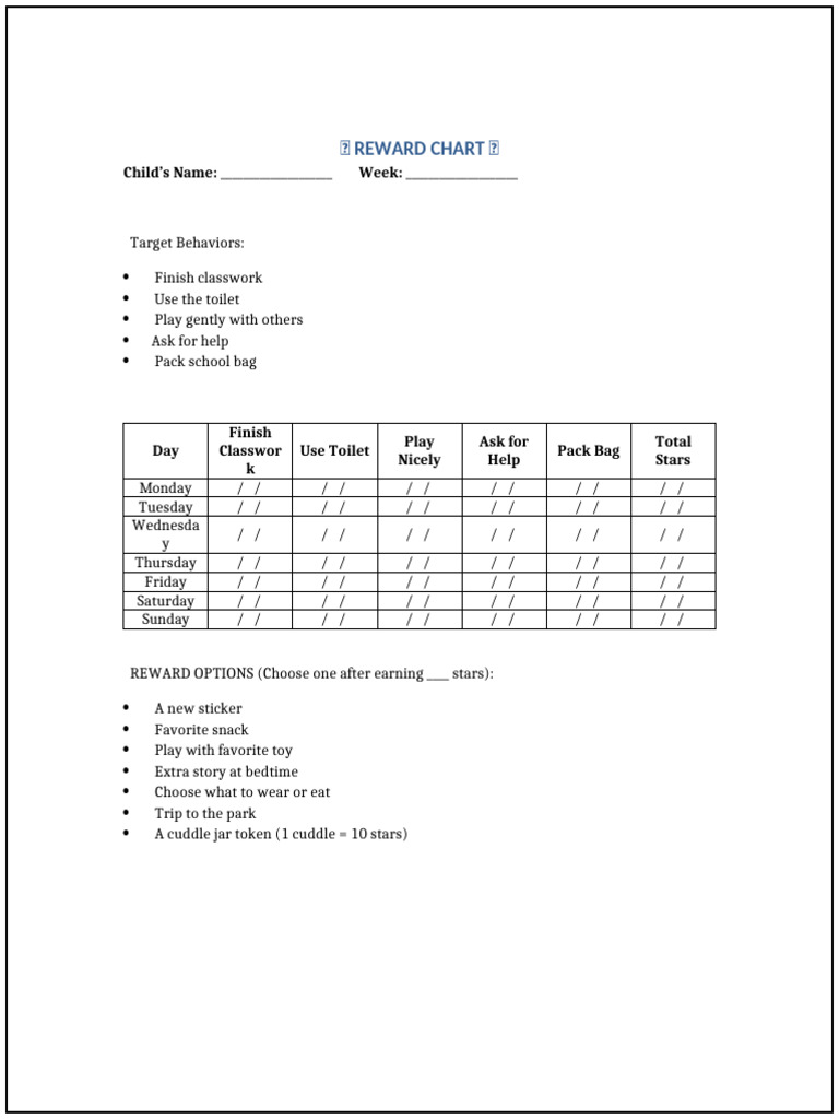 Reward Chart Special Needs Child Formatted | PDF