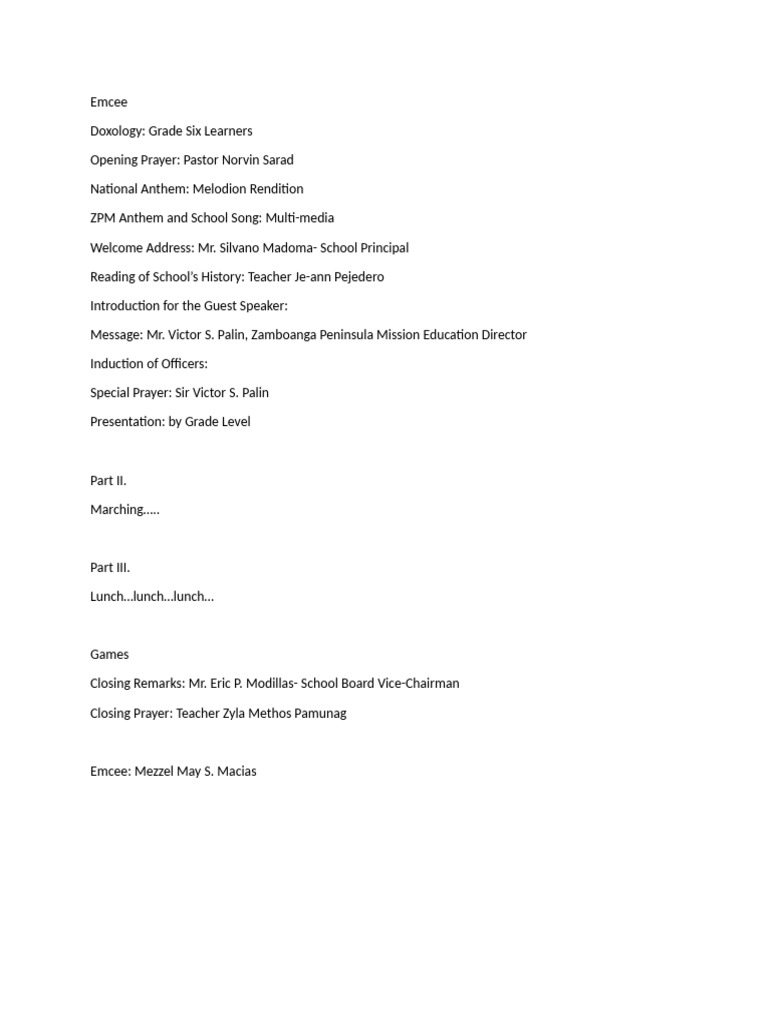 Grade Six Emcee Program Outline | PDF