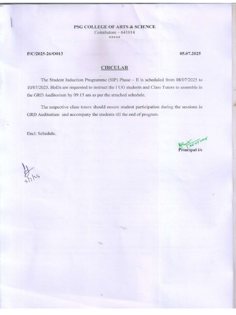 Circular - Student Induction Programme (SIP) - Phase - II | PDF