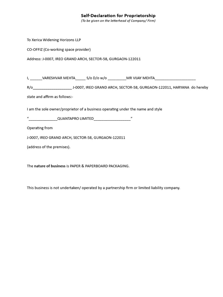 Draft Self Declaration Form - Individual, Sole Proprietorship | PDF