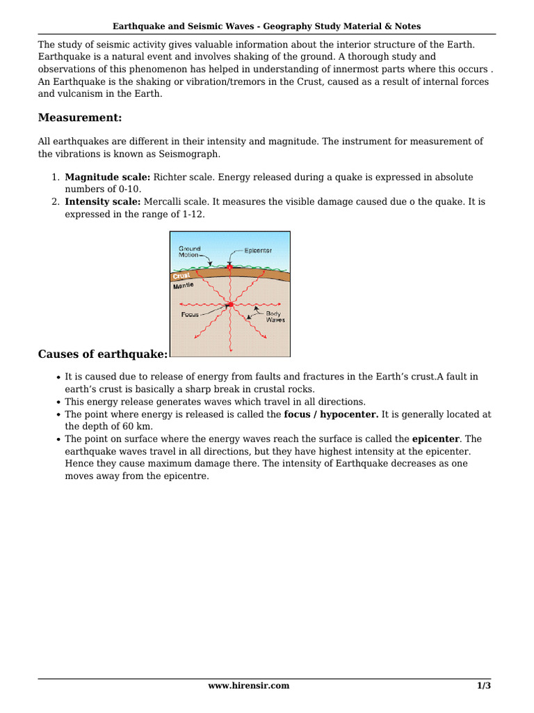 Earthquake and Seismic Waves Geography Study Material Notes | PDF ...
