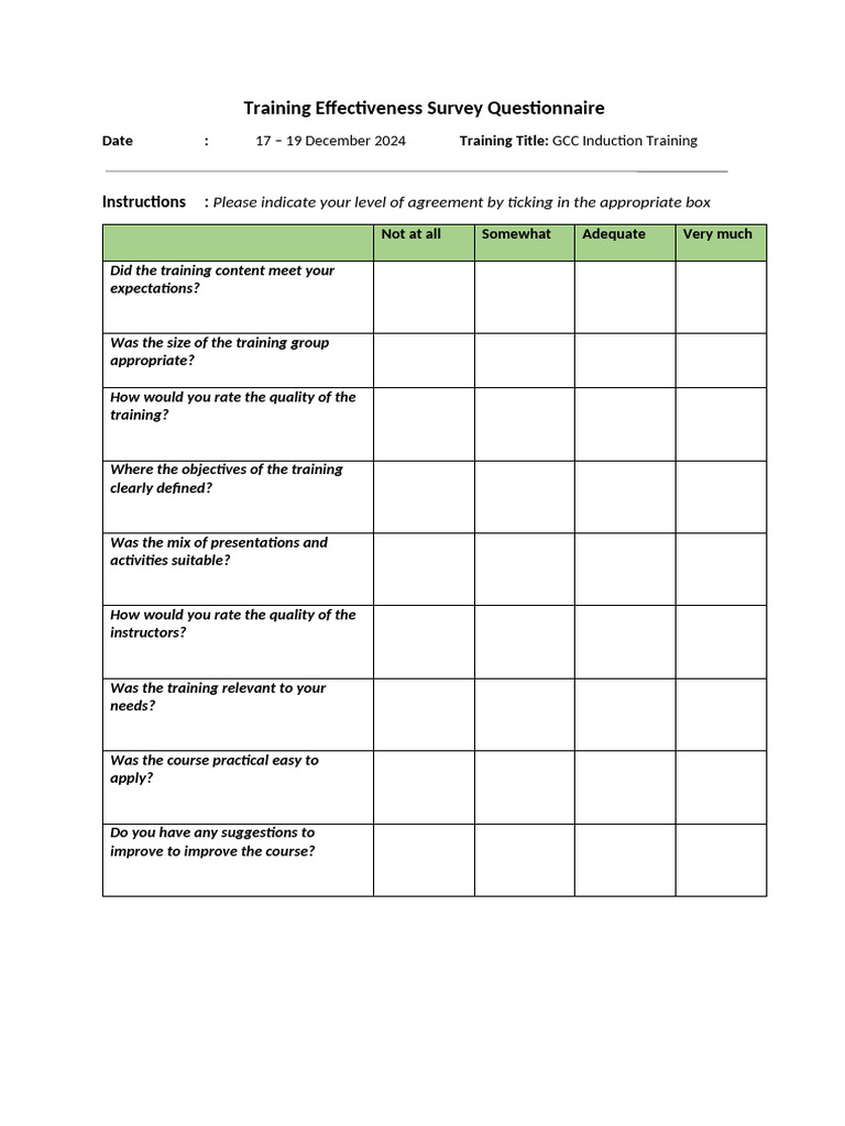 Training Effectiveness Survey Questionnaire | PDF