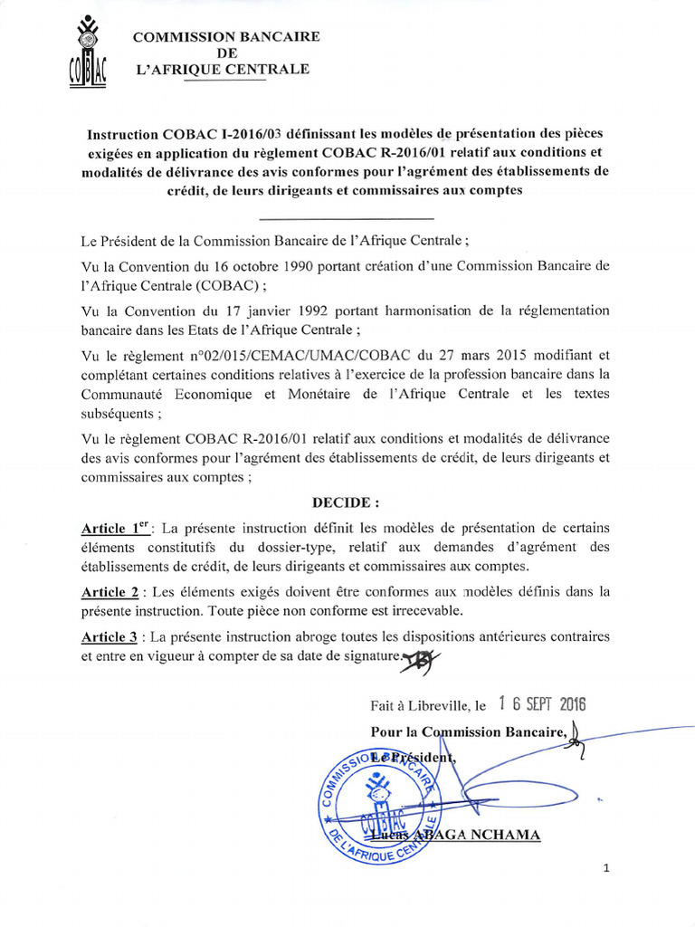 Instruction COBAC I-2016-03 Modèles Pièces Règlement COBAC R-2016-01 | PDF