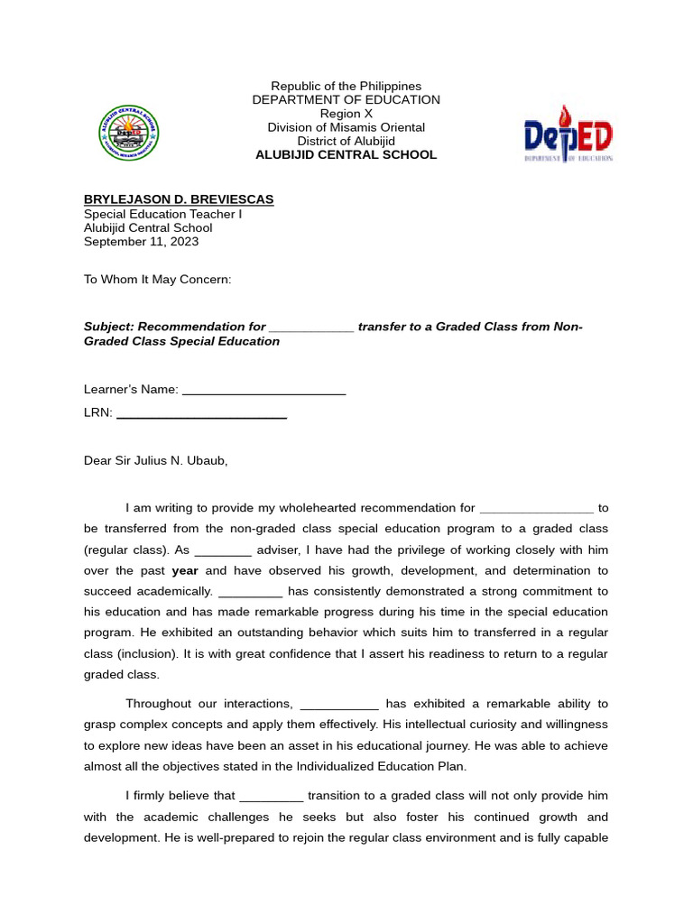 Nongraded To Graded Letter of Recommendation | PDF | Special Education ...