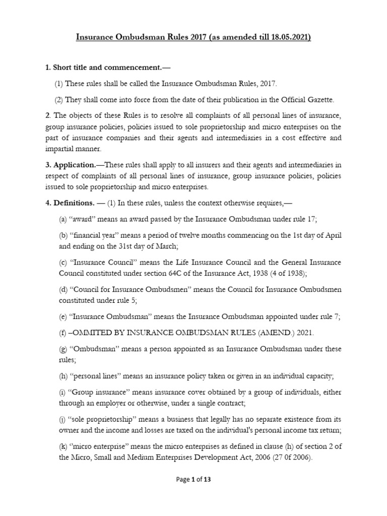 Insurance Ombudsman Rules, 2017 As Amended Till 18.05.2021 | PDF ...