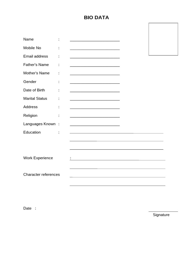 Printable Job Interview Biodata Form | PDF