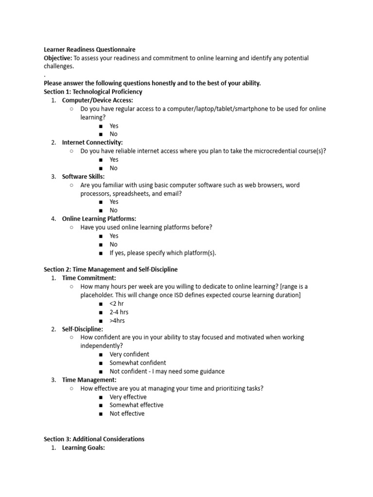Learner Readiness Questionnaire | PDF | Educational Technology | Learning