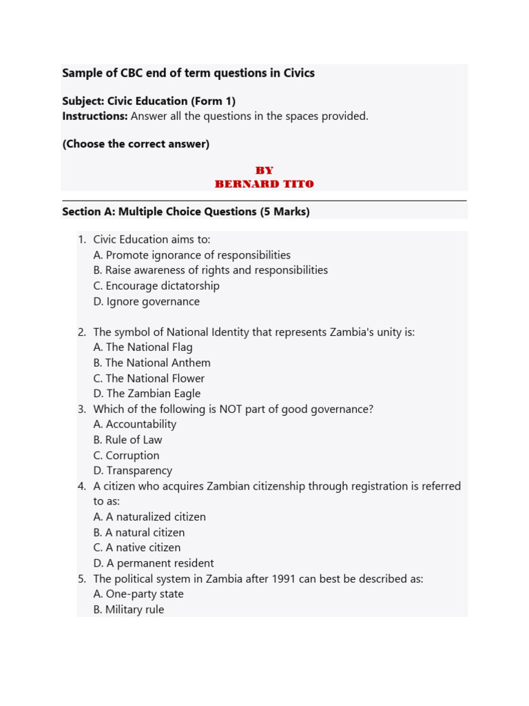 CBC Civic Education Exam Sample | PDF | Citizenship | Governance