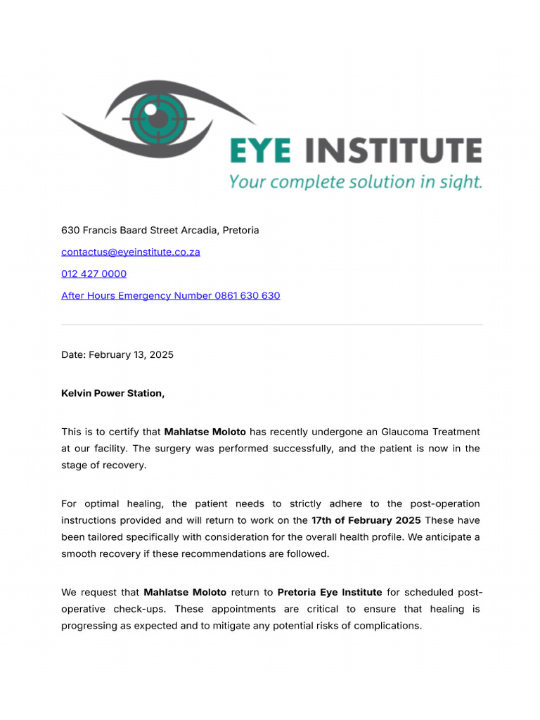 Free Doctor Note For Eye Surgery | PDF