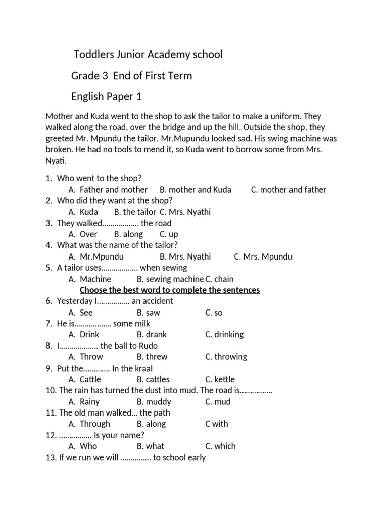 Toddlers Gr3 English Paper 1 | PDF