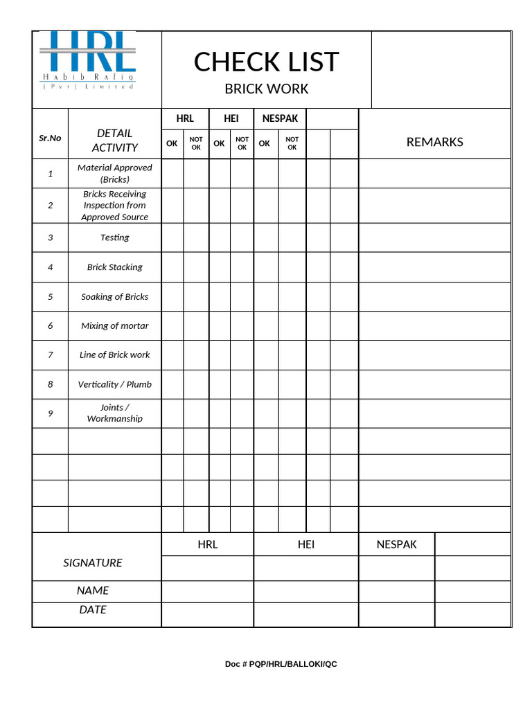 Brick Work Quality Checklist | PDF