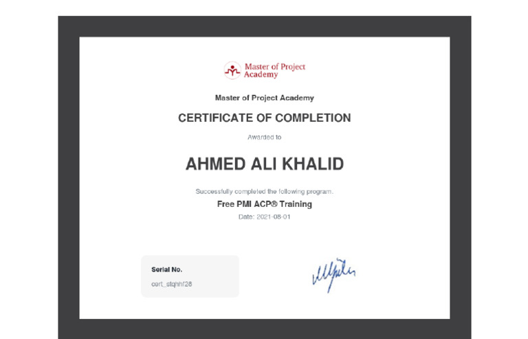 Certificate of Completion For Free Pmi Acp Training | PDF