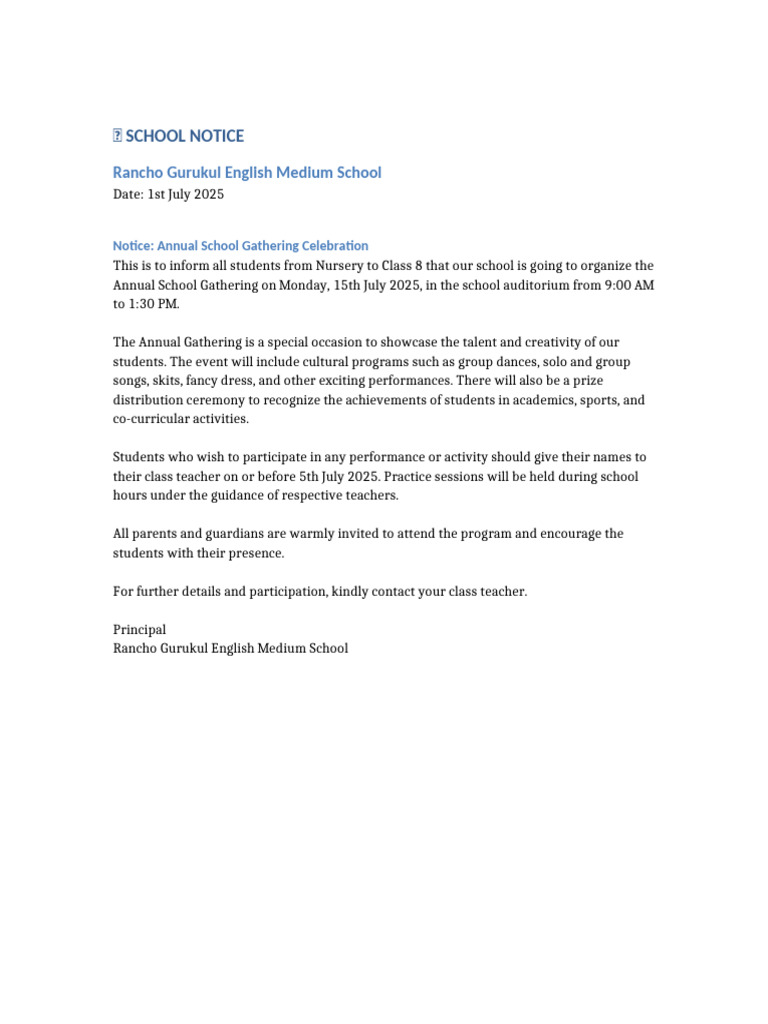 School Gathering Notice Rancho | PDF