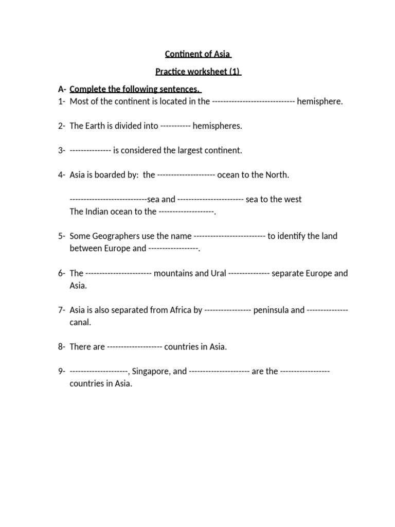 Continent of Asia - Practice Worksheet (1) | PDF