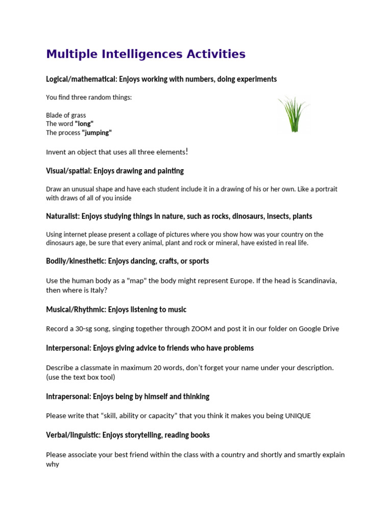 Multiple Intelligences Activities | PDF